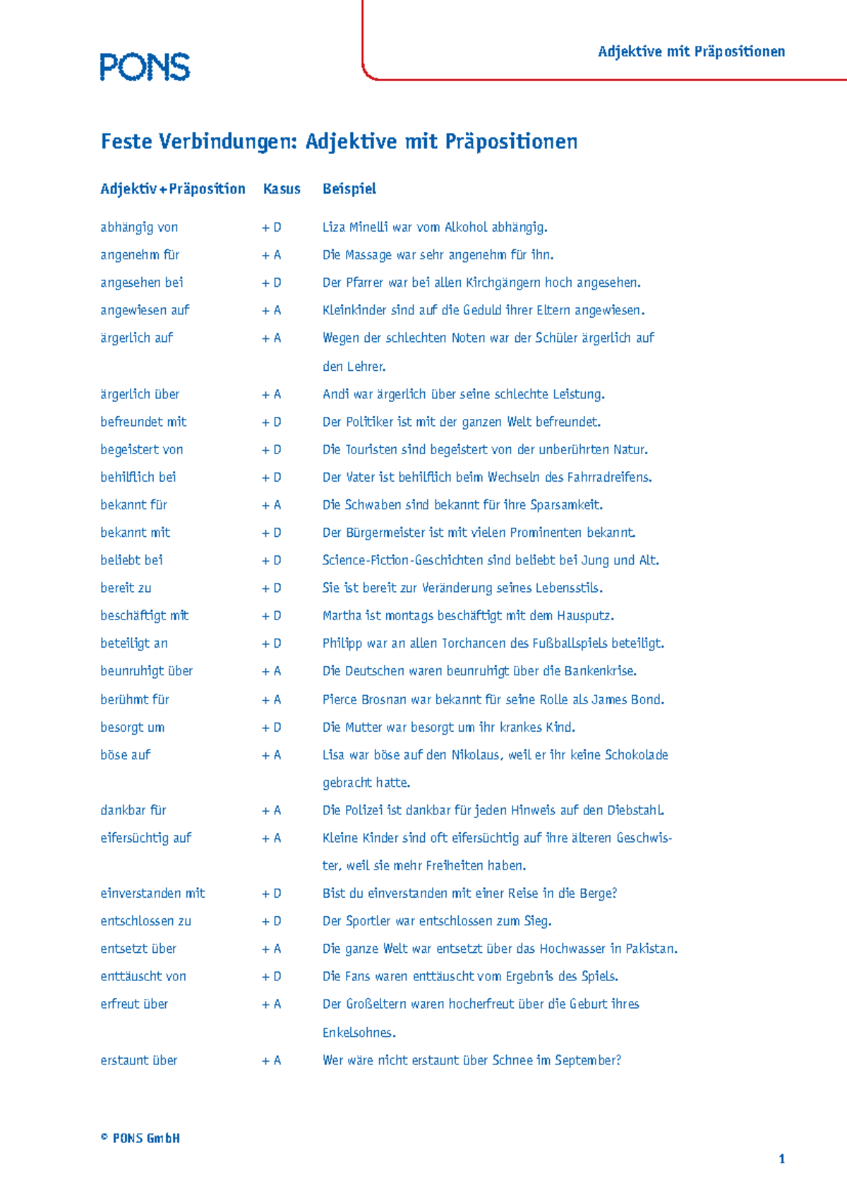 03 Adjektive mit Praepositionen - © PONS GmbH 1 Feste Verbindungen ...