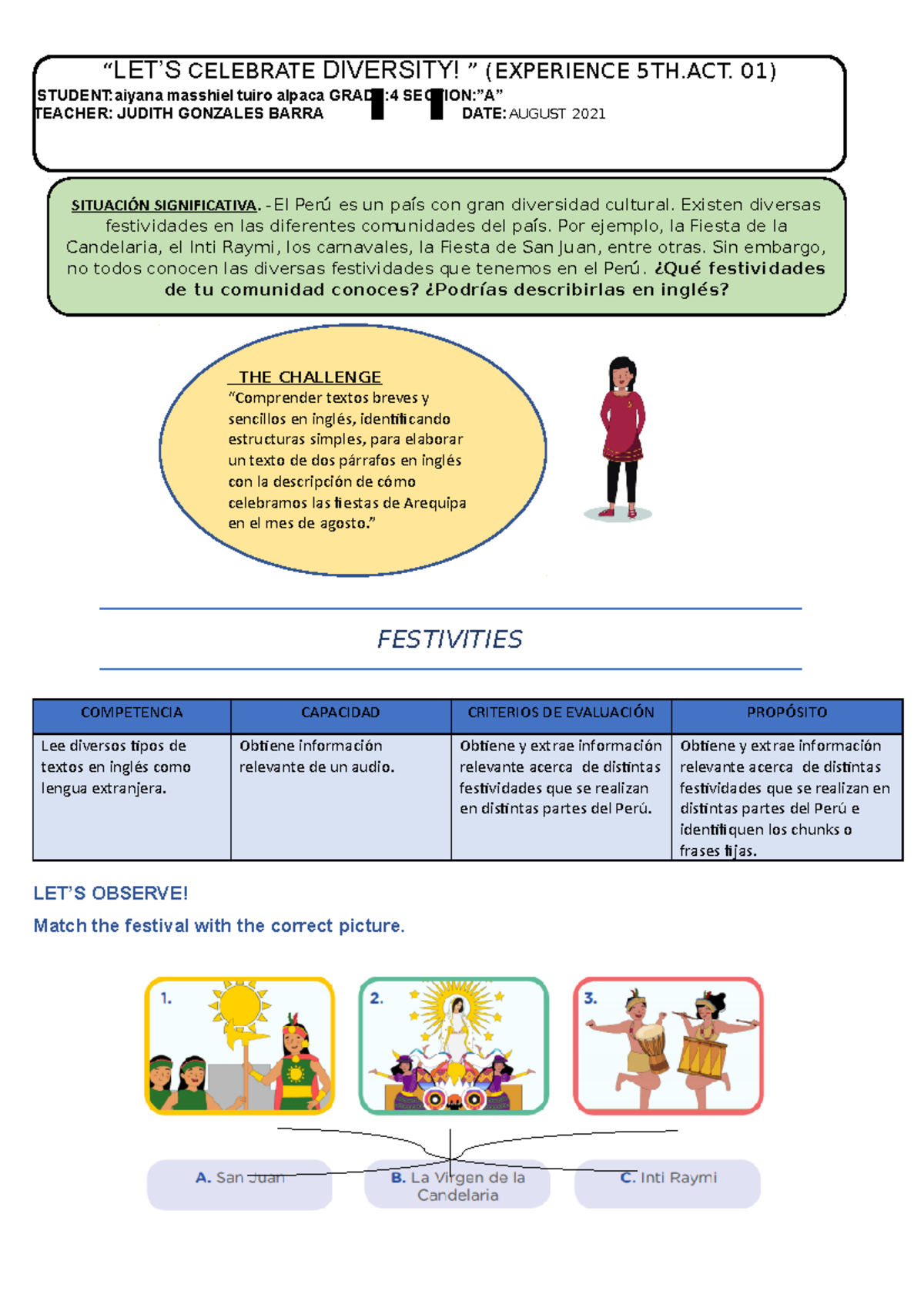 Ingles 3 Bimestre Semana 1 - FESTIVITIES COMPETENCIA CAPACIDAD ...
