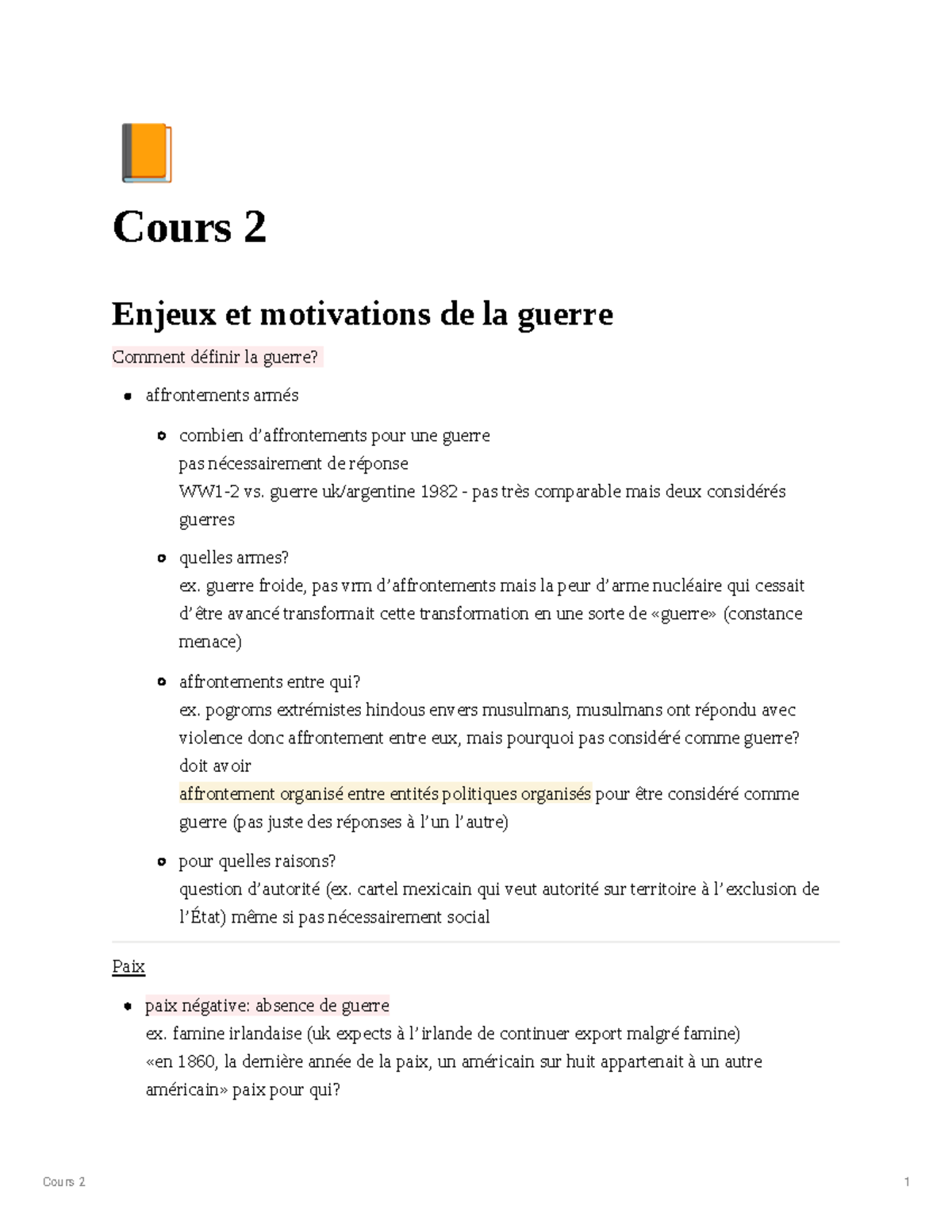 Cours 2 - Enjeux et motivations de la guerre - 📙 Cours 2 Enjeux et motivations de la guerre ...