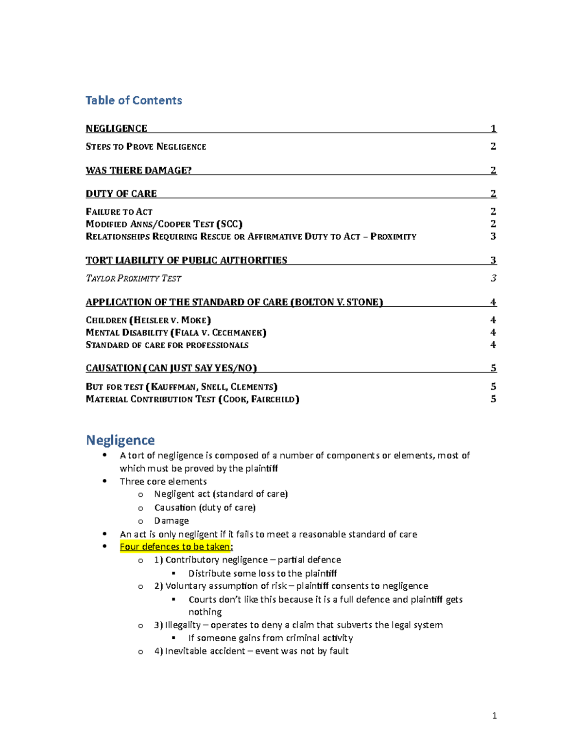 Torts Framework Fall 2014 - Table of Contents NEGLIGENCE 1 STEPS TO ...