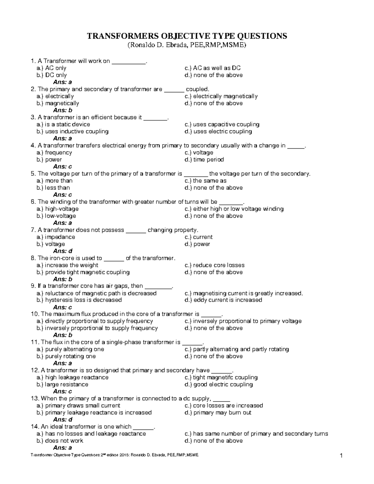 Transformer Objective Type Questions - TRANSFORMERS OBJECTIVE TYPE ...