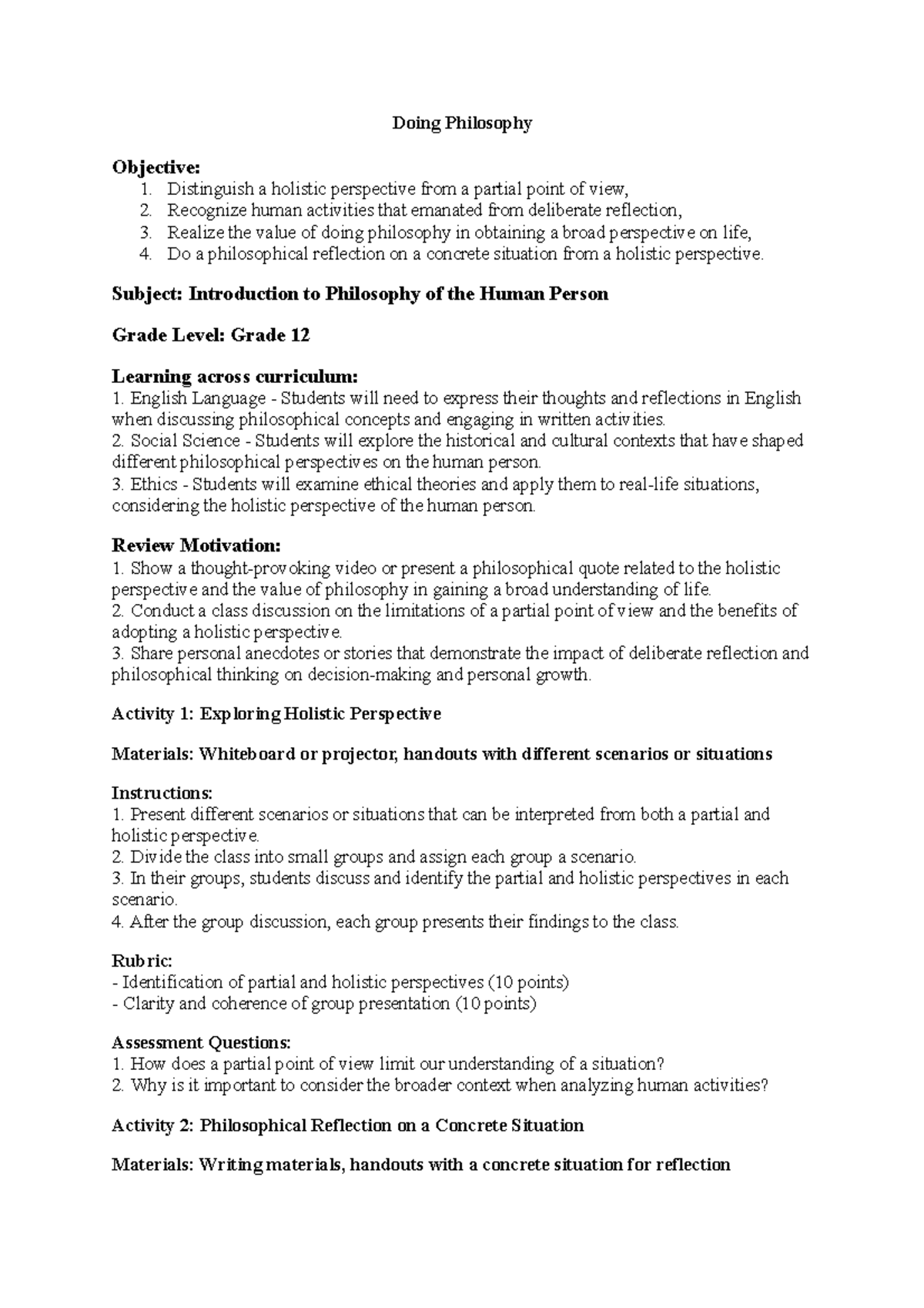 Lesson plan - Philosophy of the Human Person - Doing Philosophy ...