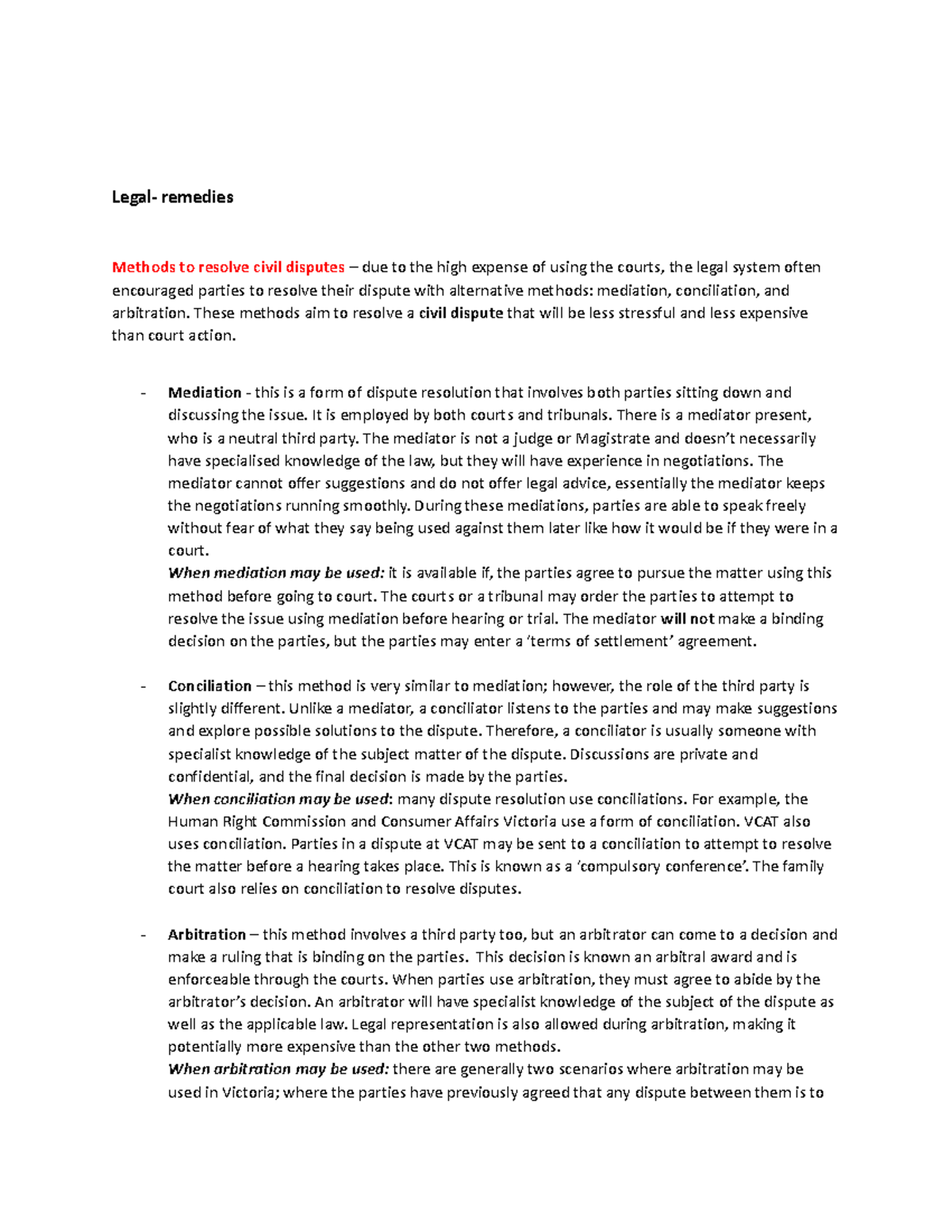 Remedies - unit 1/2 - Legal- remedies Methods to resolve civil disputes ...