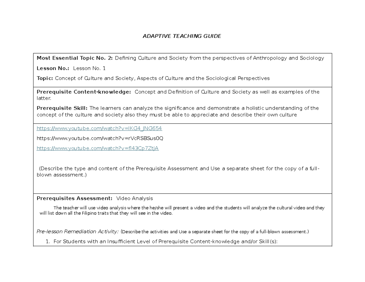 Adaptive Teaching Guide Template - ADAPTIVE TEACHING GUIDE Most ...