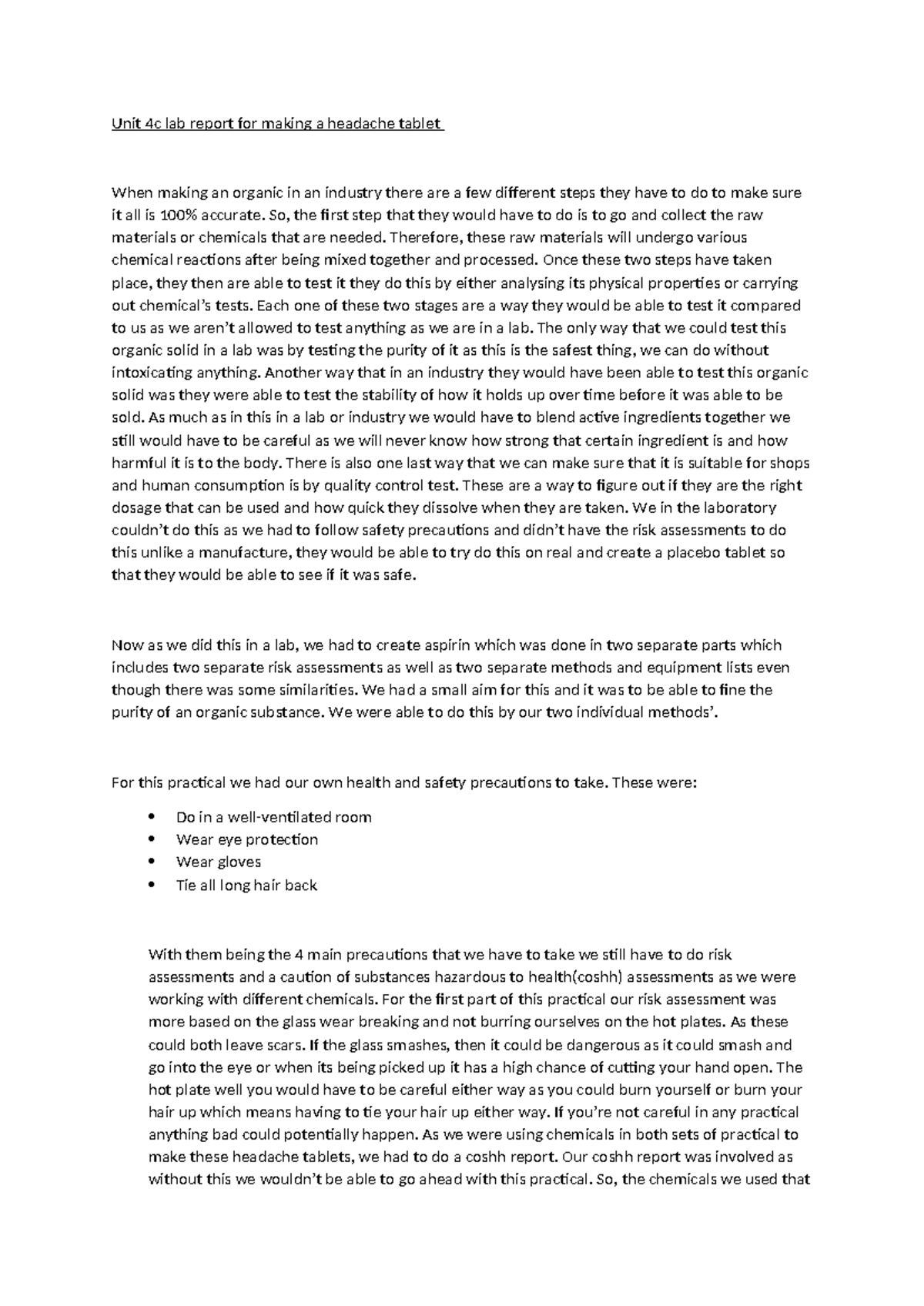 Unit 4c lab report for making a headache tablet - So, the first step ...