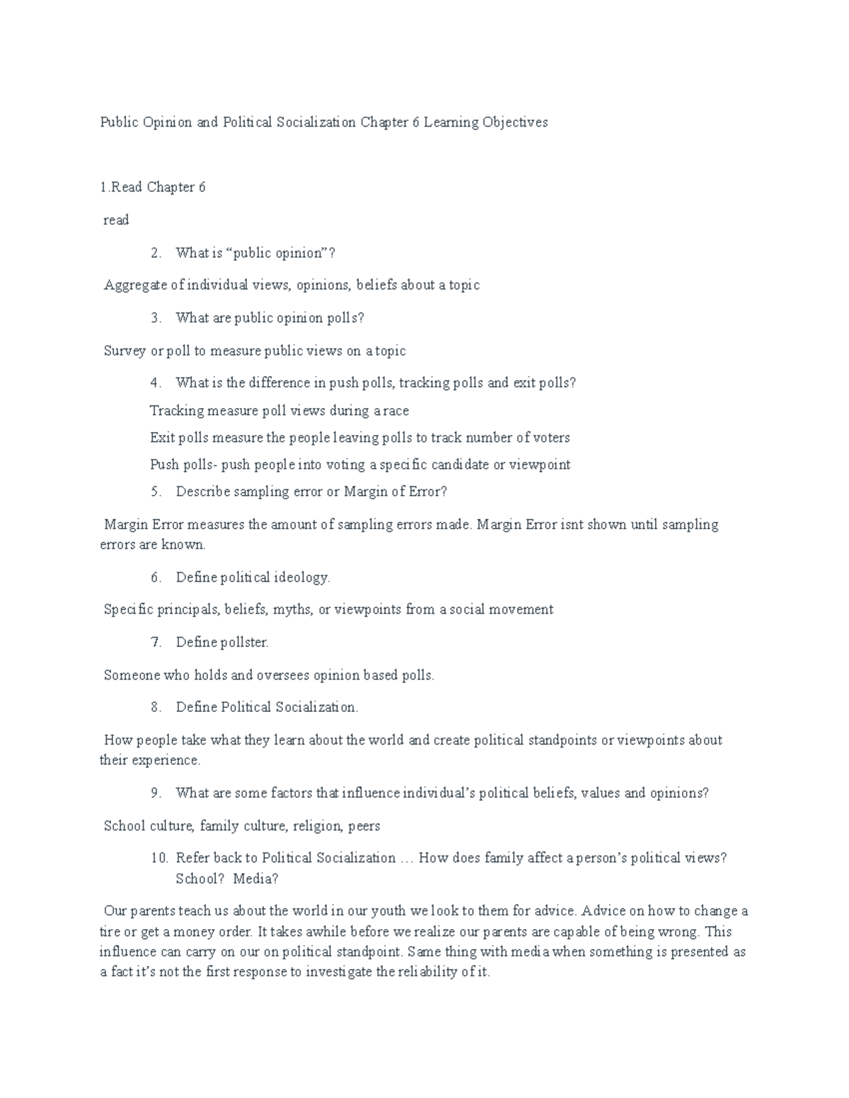 Public Opinion and Political Socialization Chapter 6 Learning ...