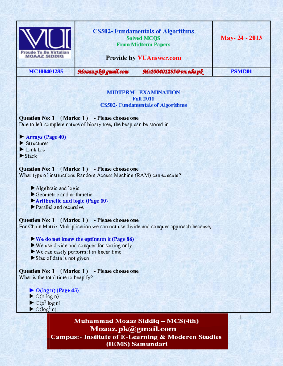 Cs502 Midterm Solved Mcqs With References By Moaaz Cs502 Fundamentals Of Algorithms Solved