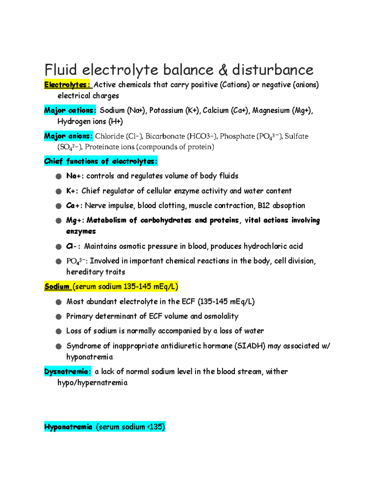 Electolyte imbalances - Fluid electrolyte balance & disturbance ...