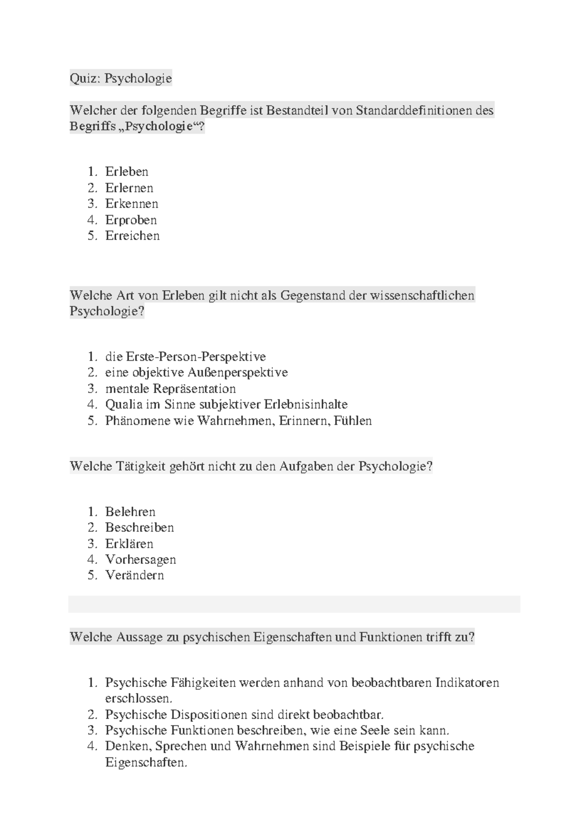 Quiz Psychologie - Quiz: Psychologie Welcher der folgenden Begriffe ist ...