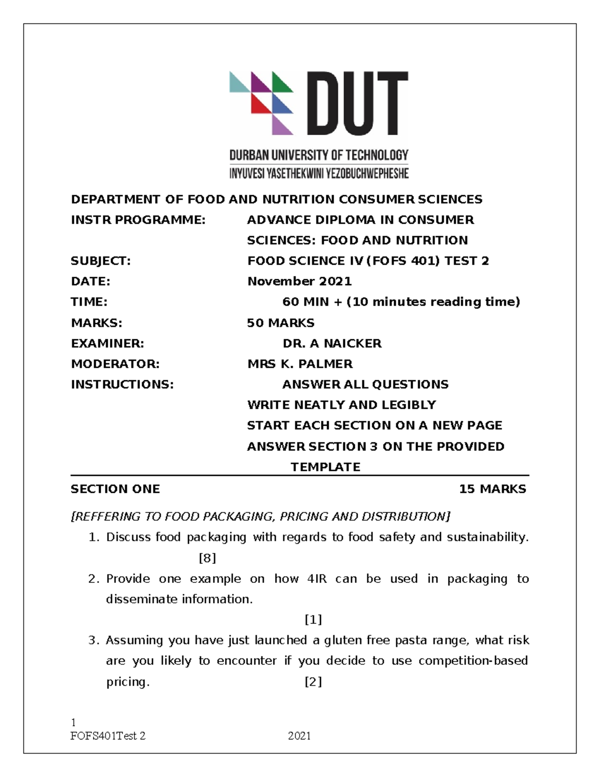 2021 TEST 2 Department OF FOOD AND Nutrition Consumer Sciences ...
