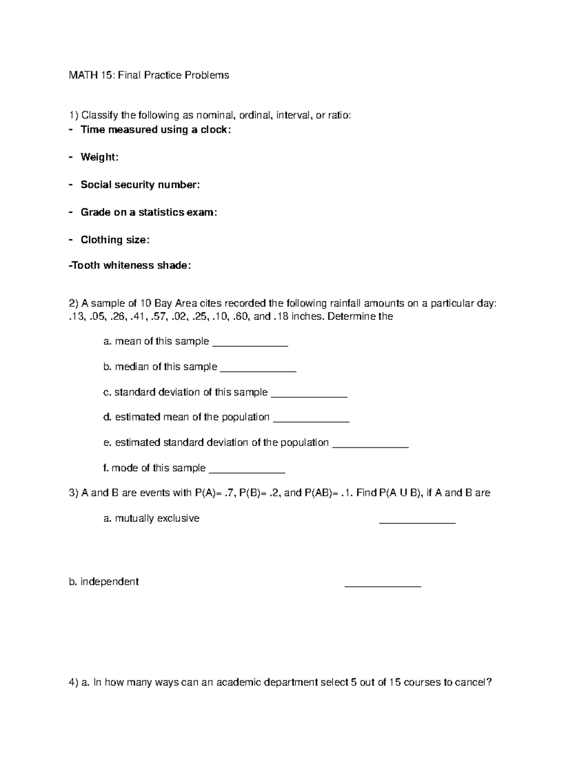 MATH 15- Final Practice Problems - MATH 15: Final Practice Problems ...