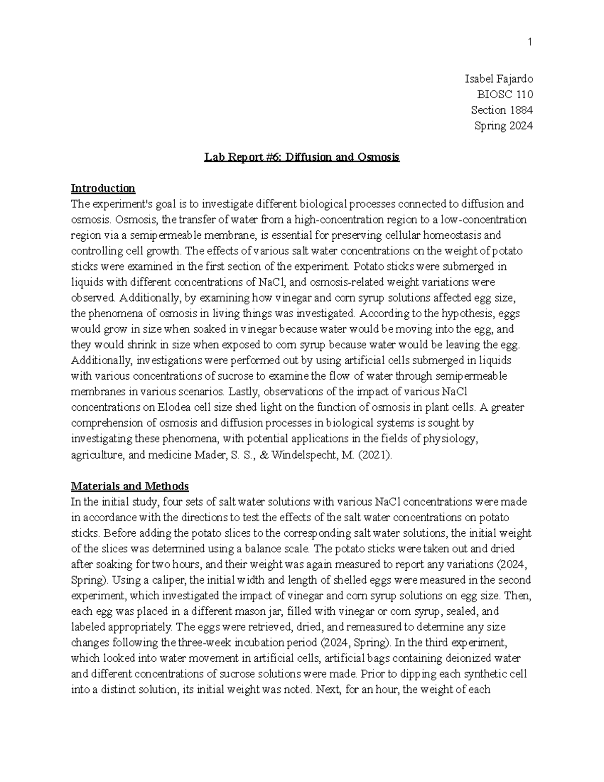 Lab Report #6 Biosc 110 - lab - Isabel Fajardo BIOSC 110 Section 1884 Spring 2024 Lab Report #6 ...