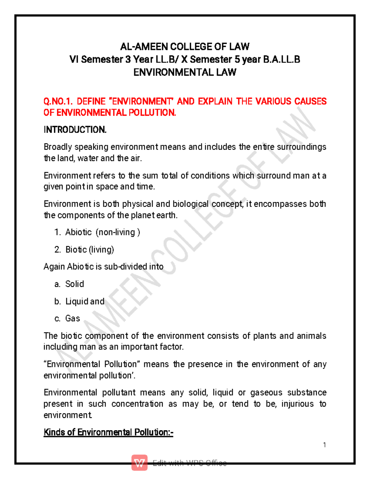 Environmentallaw - Emvironmental Law - AL-AMEENCOLLEGEOFLAW VISemester ...