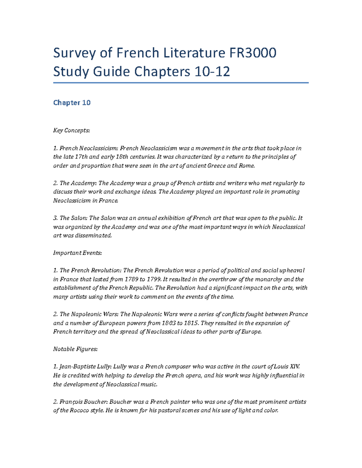 Survey of French Literature FR3000 Study Guide Chapters 10-12 - Survey ...