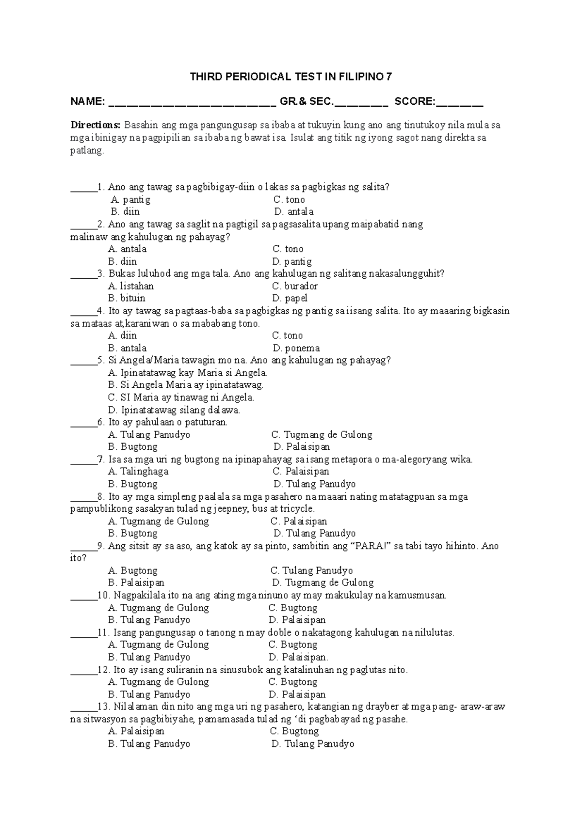 PT G7 Filipino - THIRD PERIODICAL TEST IN FILIPINO 7 NAME ...