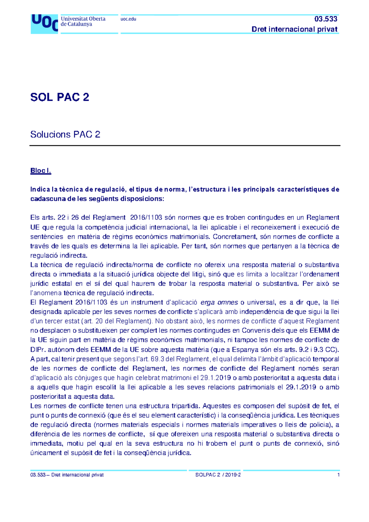03533 Solpac 2 2019 2 - Pac2 - Dret internacional privat SOL PAC 2 Solucions PAC 2 Bloc I ...