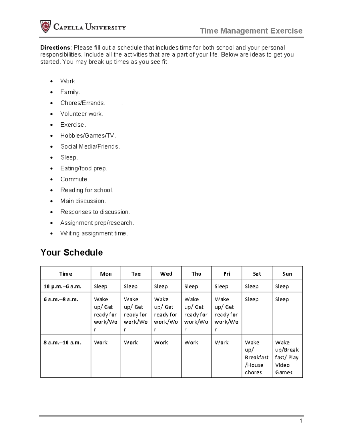cf time management exercise - Directions: Please fill out a schedule ...
