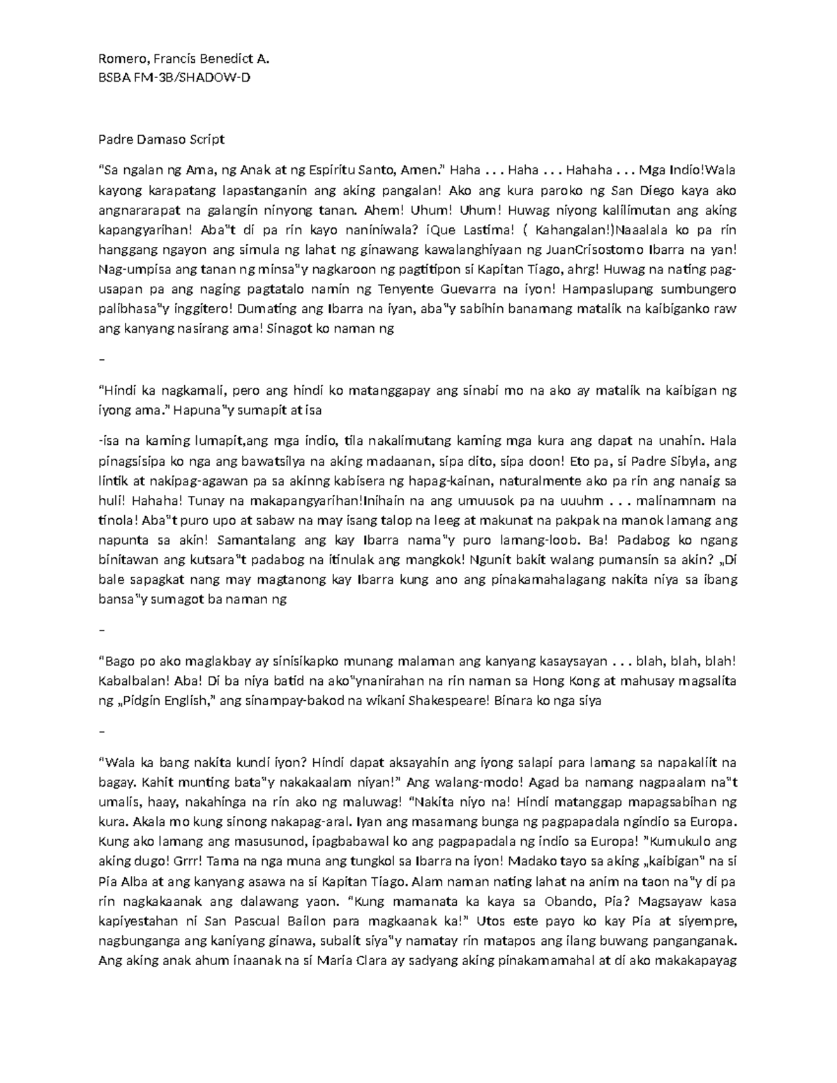 Padre Damaso Script - Romero, Francis Benedict A. BSBA FM-3B/SHADOW-D ...
