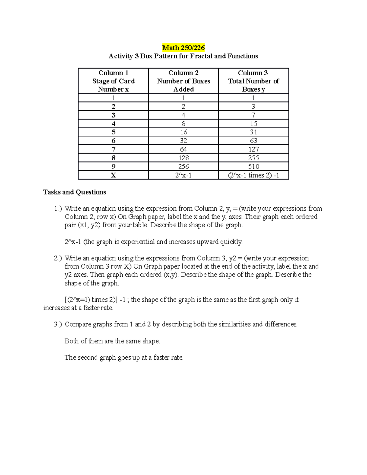 Box Patterns for Fractals and Function - Math 250/ Activity 3 Box ...