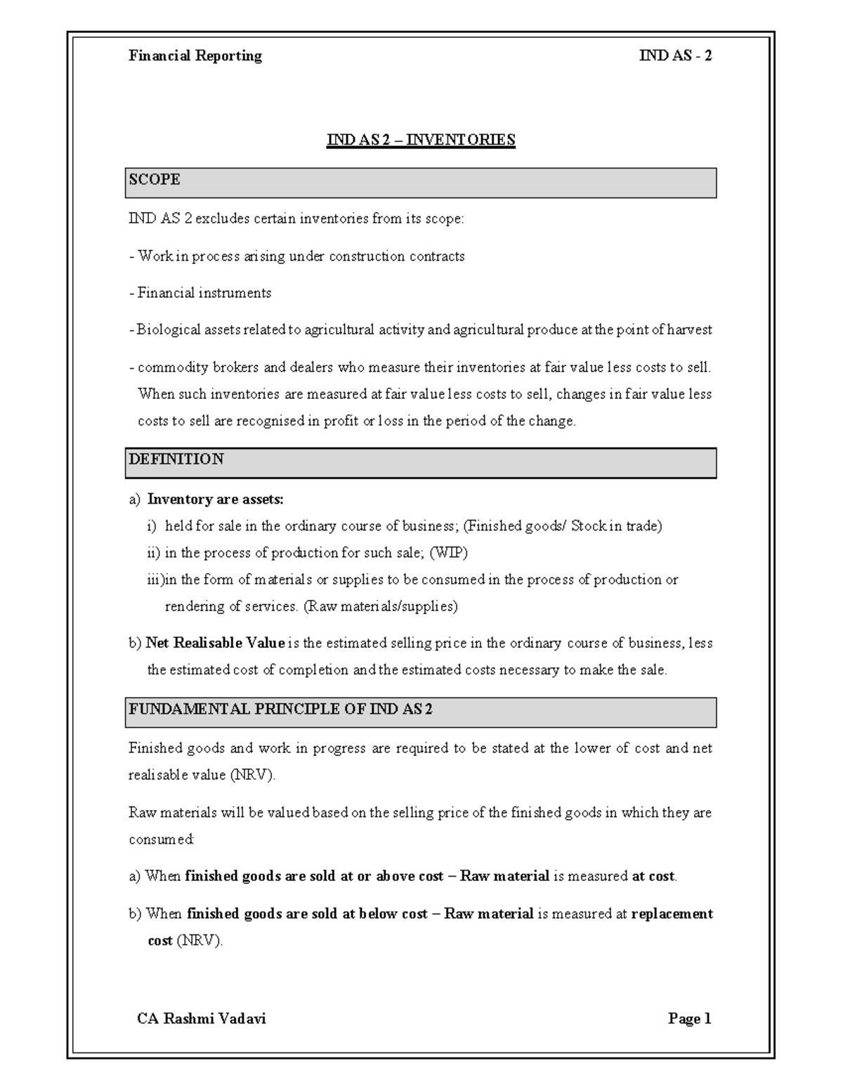 IND AS 2 - Notes on IND AS 2 by CA Rashmi Vadavi mam - IND AS 2 ...