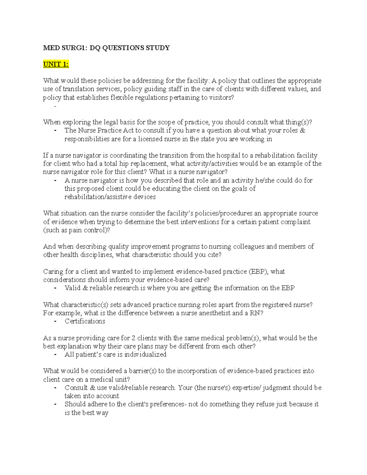 MED SURG1 Study Guide - MED SURG1: DQ QUESTIONS STUDY UNIT 1: What ...