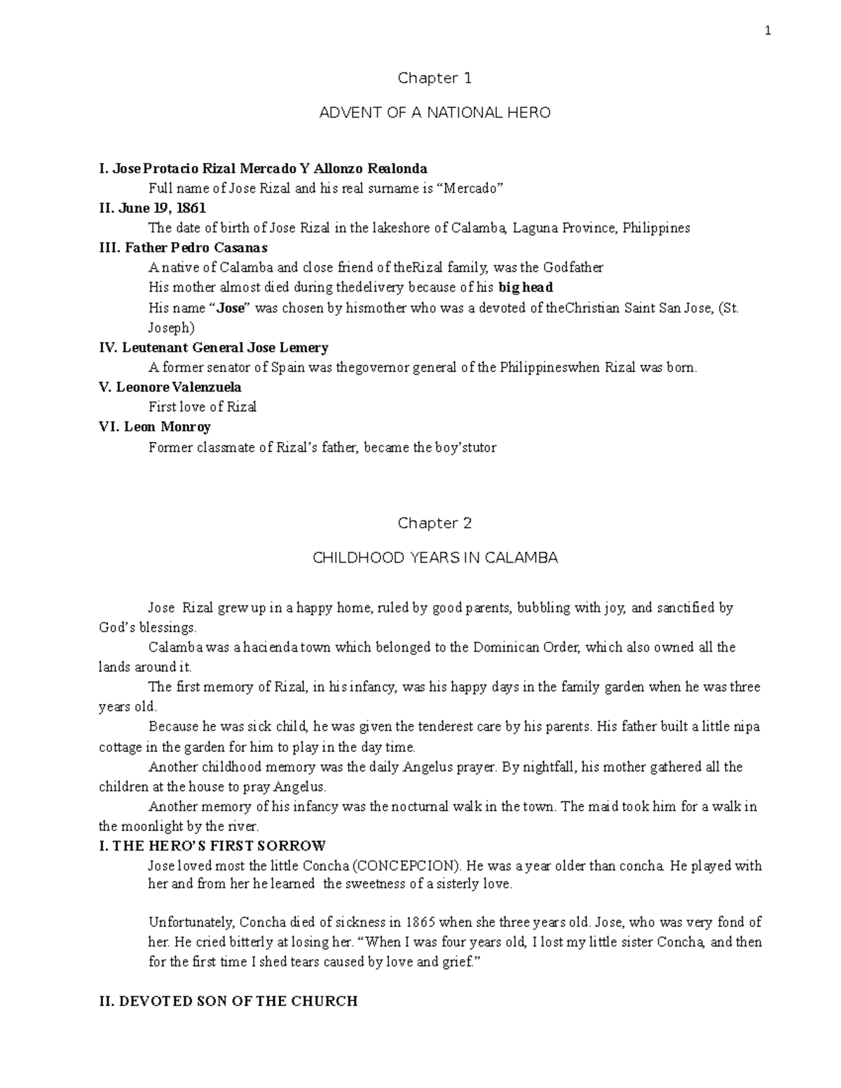 Lifes and work of Rizal - Chapter 1 ADVENT OF A NATIONAL HERO I. Jose ...