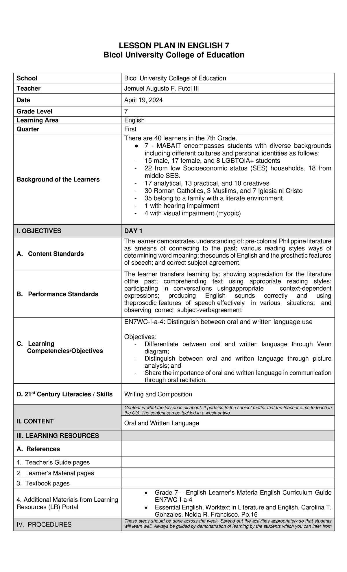 Lesson Plan in Teaching Writing - LESSON PLAN IN ENGLISH 7 Bicol ...