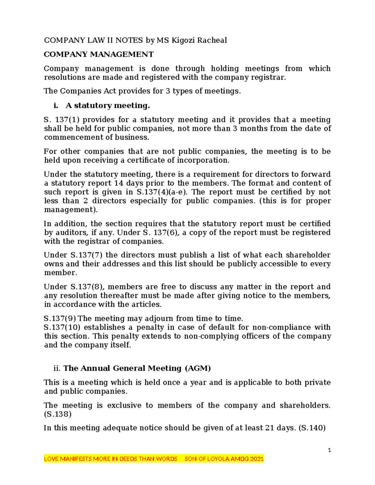 Company LAW 2 Notes - COMPANY LAW II NOTES by MS Kigozi Racheal COMPANY ...