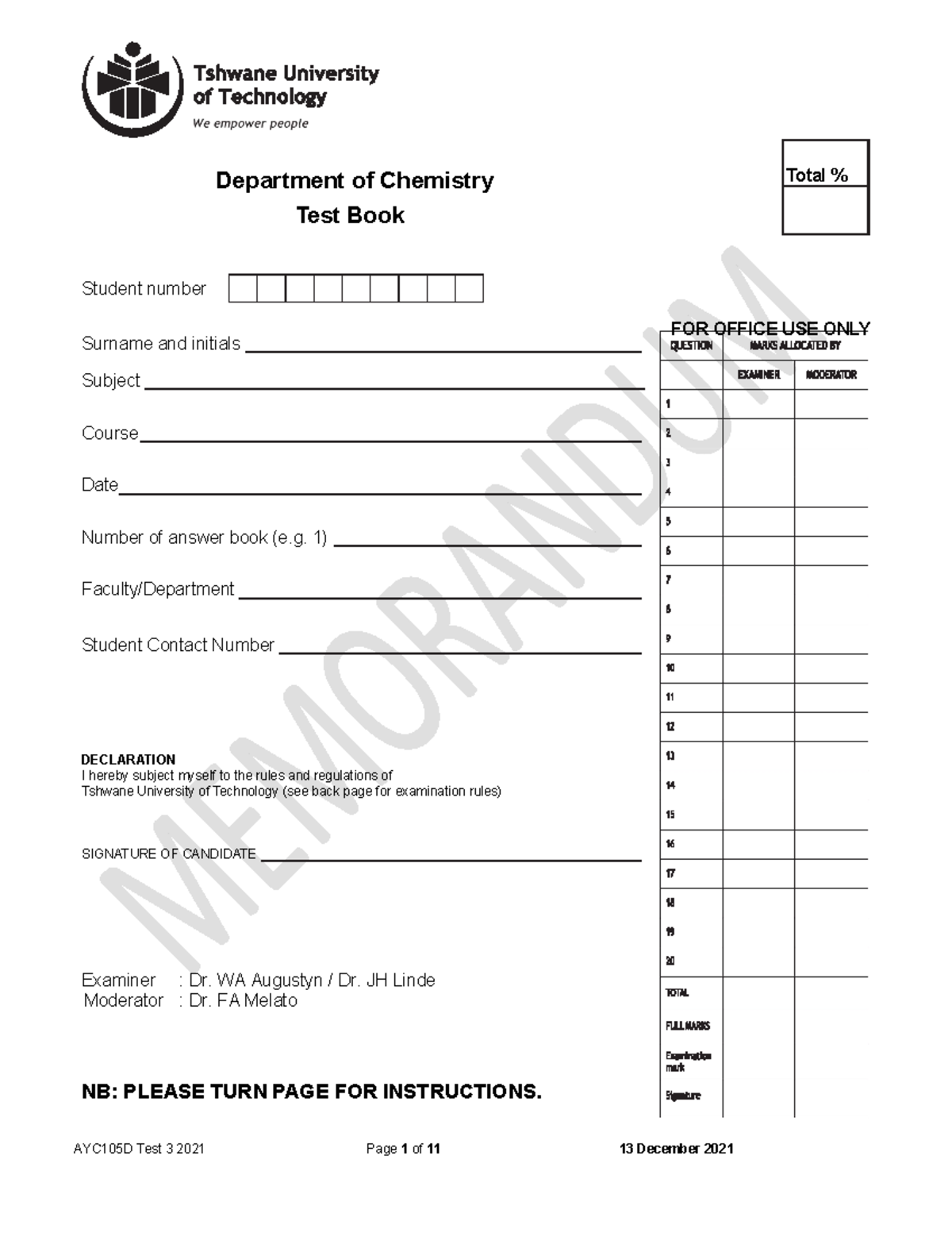 Test 3 AYC105D memo - Analytical chemistry test and memo - Department ...