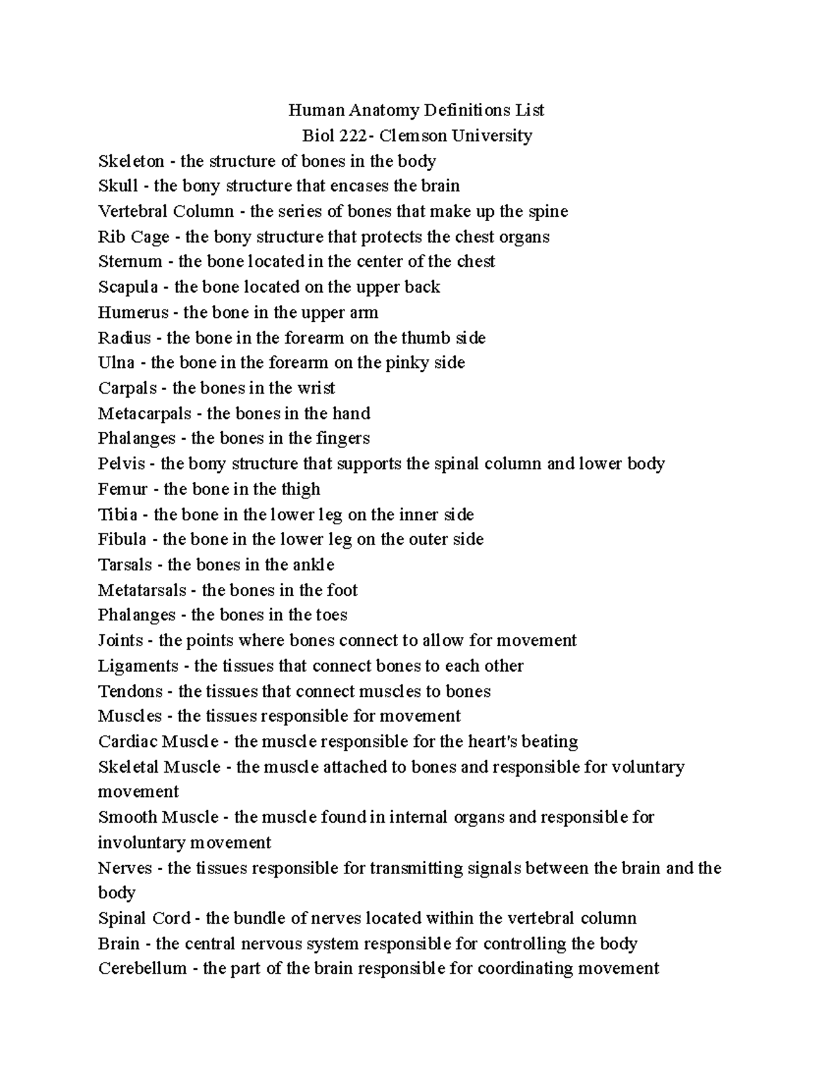 Human Anatomy Definitions List - Studocu