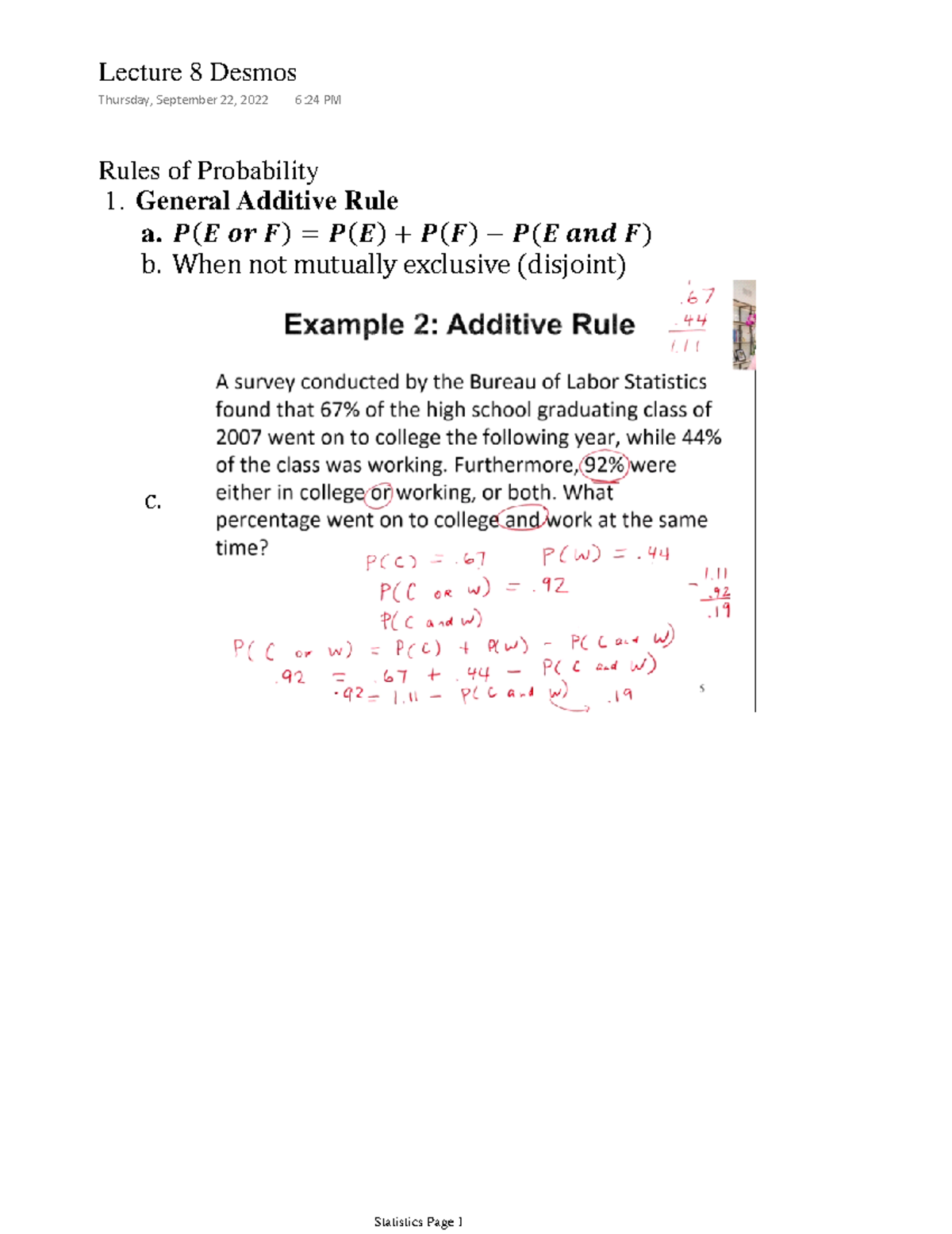 Lecture 8 Desmos - STA2023 - Rules of Probability General Additive Rule ...