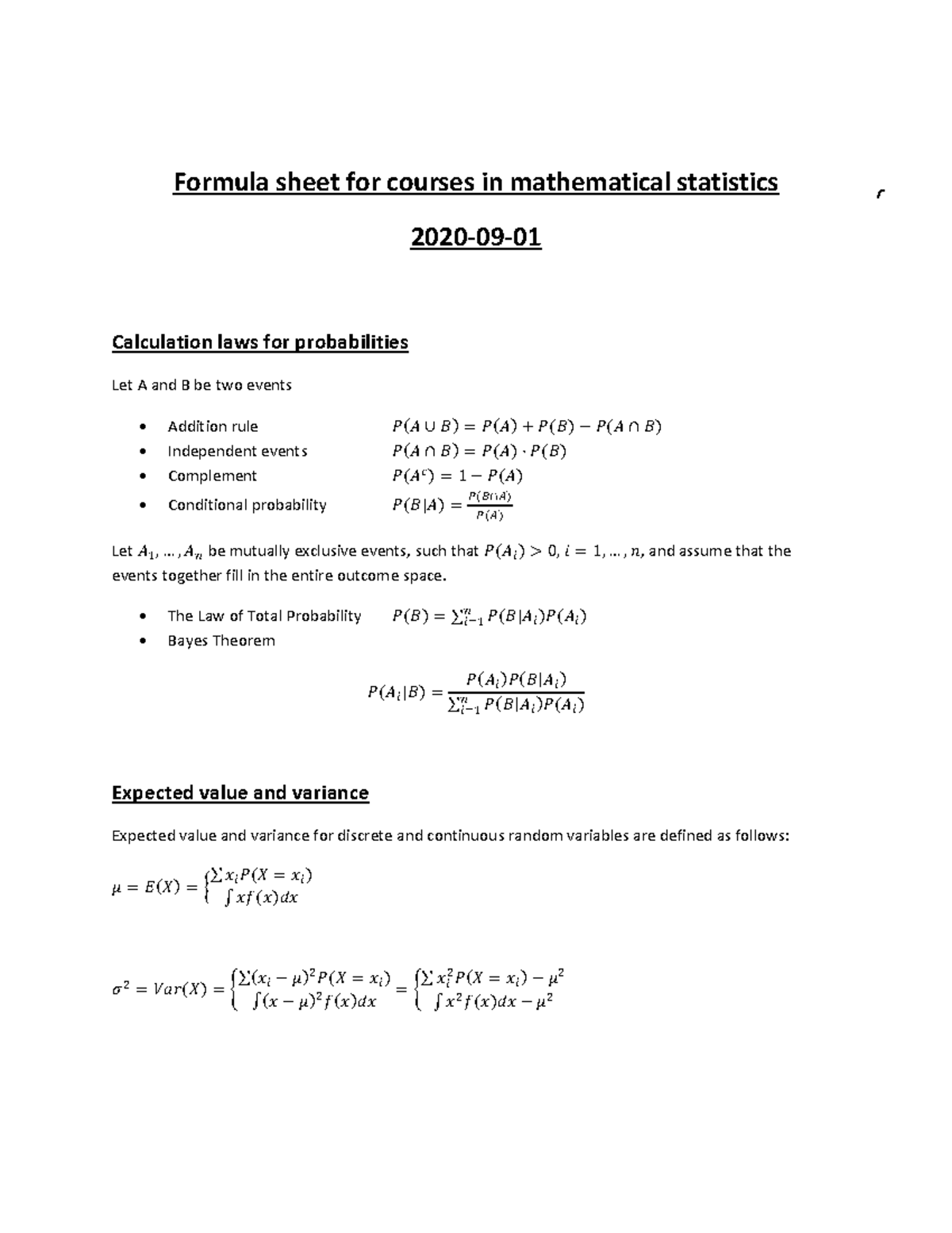 Formula sheet matstat - formel - Formula sheet for courses in ...