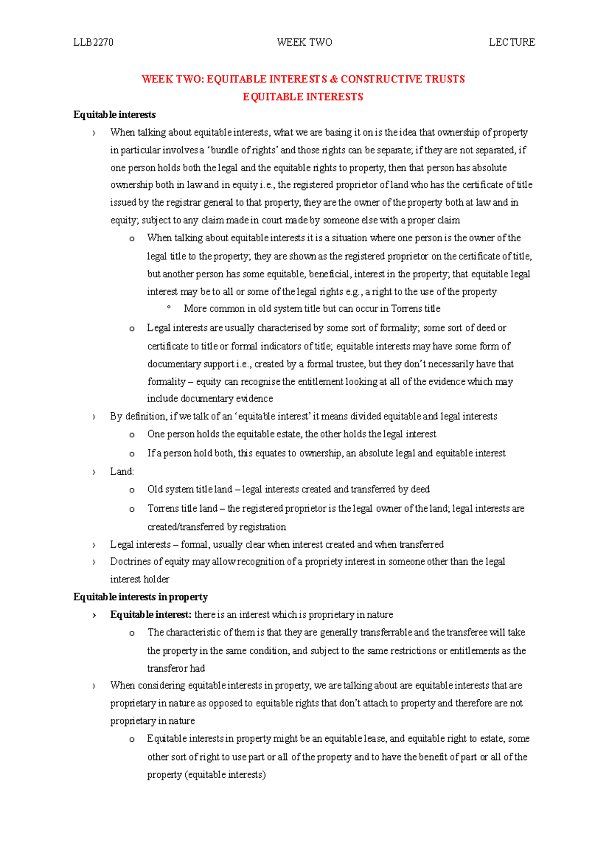 LLB2270 week two lecture - WEEK TWO: EQUITABLE INTERESTS & CONSTRUCTIVE TRUSTS EQUITABLE - Studocu