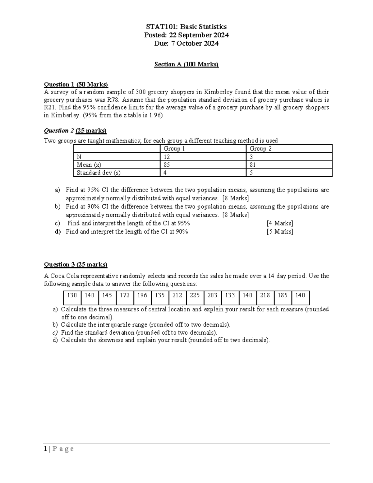 Updated STAT101 Assignment 2 - STAT101: Basic Statistics Posted: 22 ...