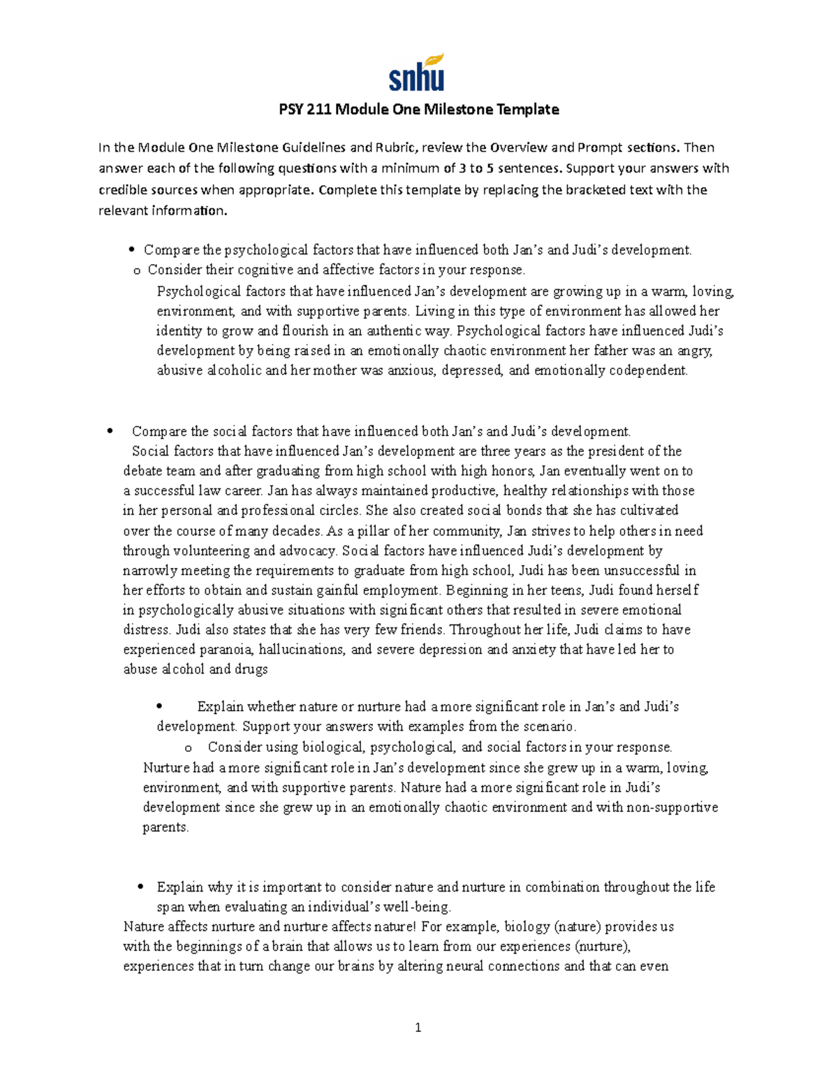 PSY 211 Module One Milestone Template - Then answer each of the ...