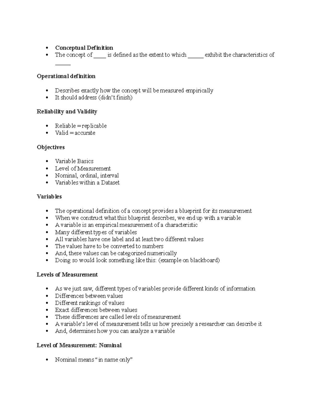 PSC 202 - Levels of Measurement - Conceptual Definition The concept of ...