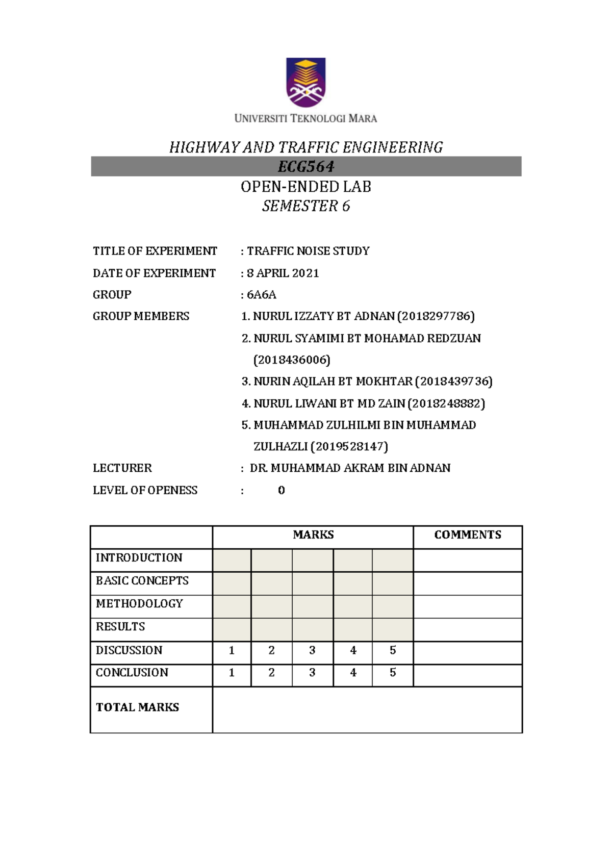 UiTM Traffic Noise Study Lab Report - HIGHWAY AND TRAFFIC ENGINEERING ...