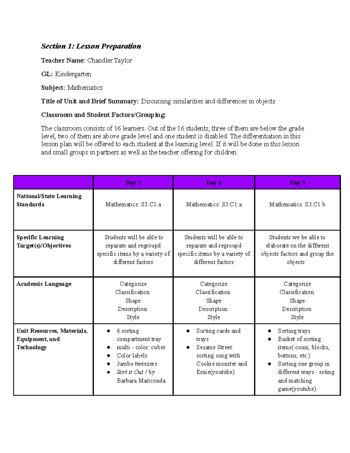 Math lesson plan - Section 1: Lesson Preparation Teacher Name: Chandler ...