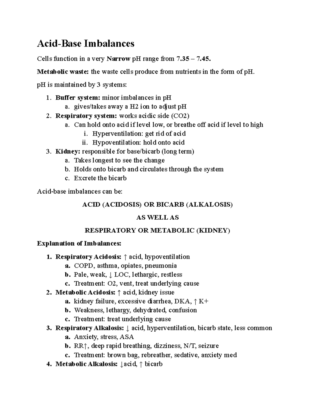 Med surg acidbase imbalance - Acid-Base Imbalances Cells function in a ...