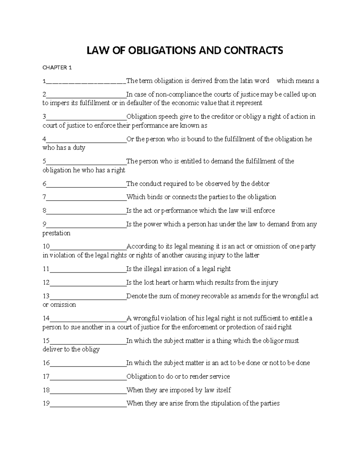 LAW - LAW - LAW OF OBLIGATIONS AND CONTRACTS CHAPTER 1 1 ...