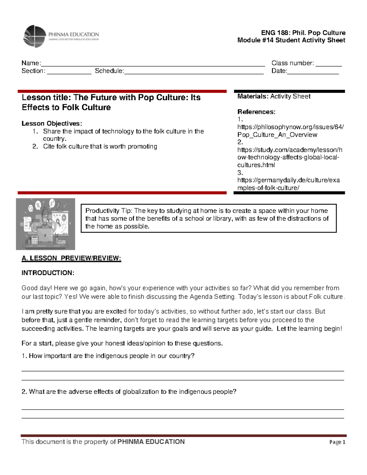 SAS#14 ENG 188 - lecture notes of pop culture - Module #14 Student ...