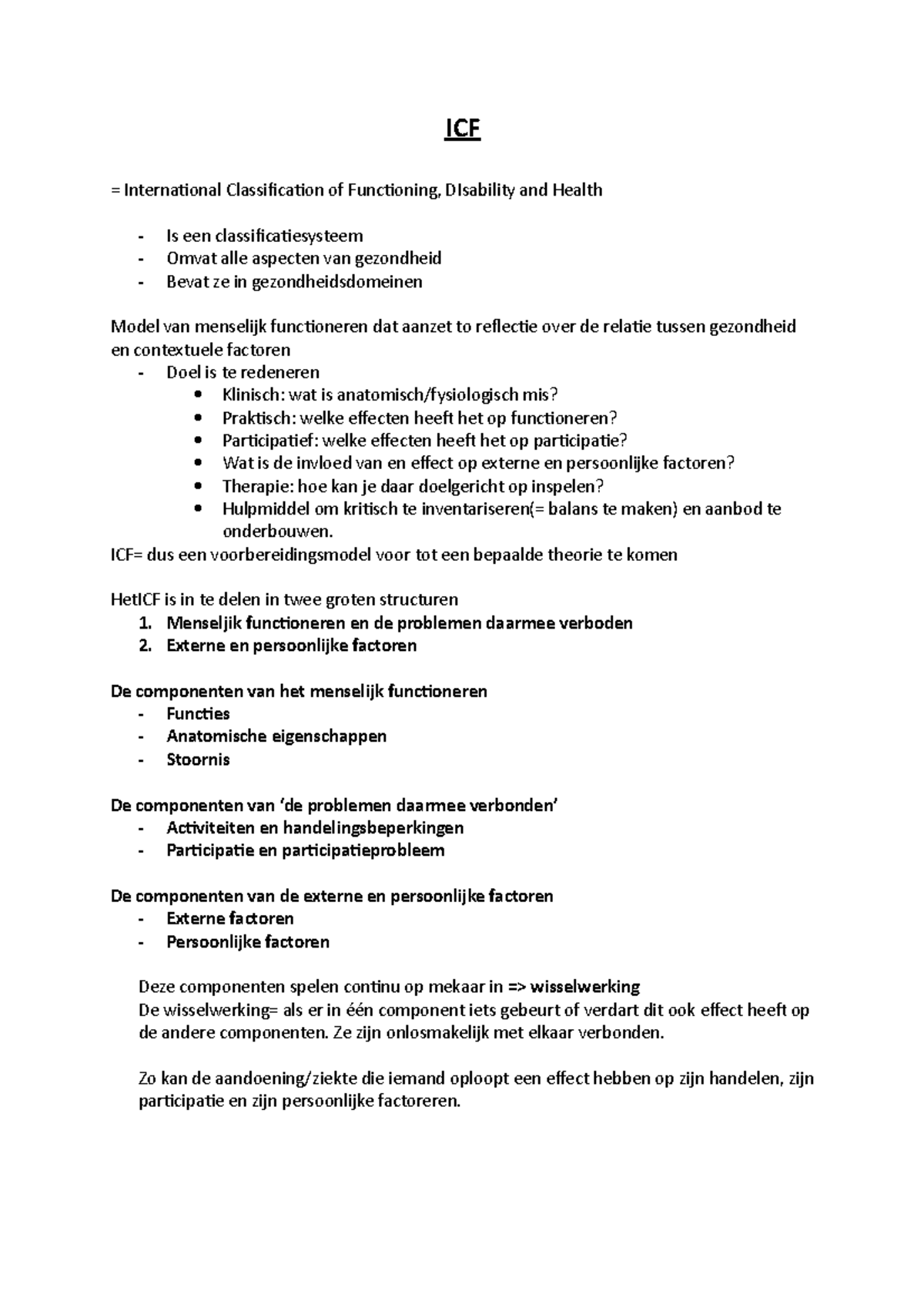 ICF samenvatting - ICF = International Classification of Functioning ...