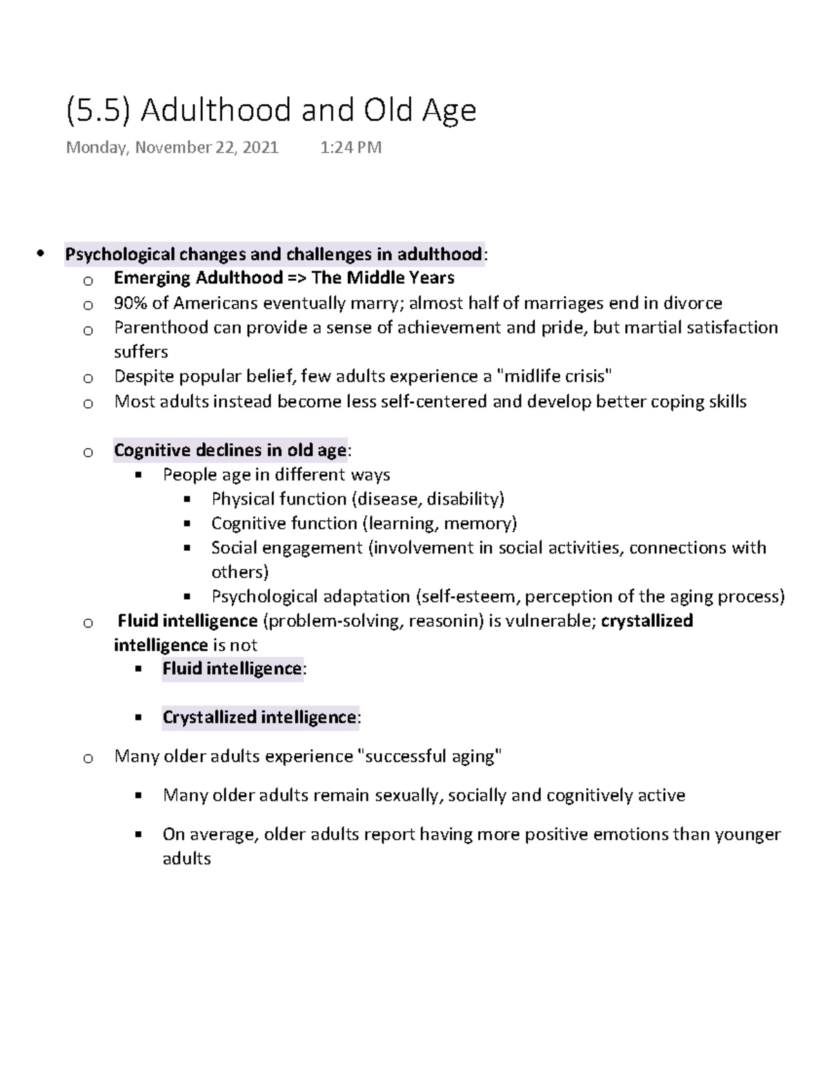 (5.5) Adulthood and Old Age - Psychological changes and challenges in ...