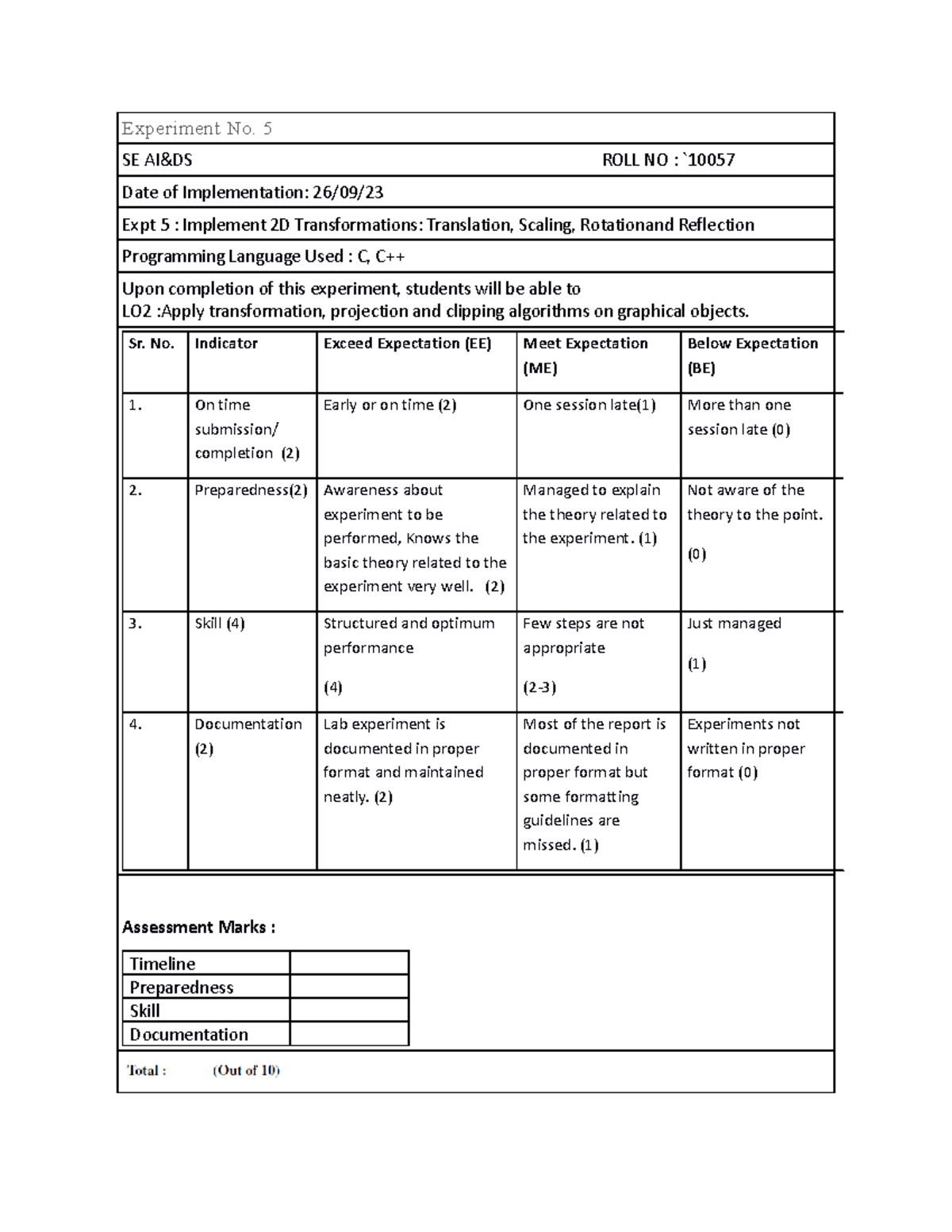 Cg 5 - very imp - Experiment No. 5 SE AI&DS ROLL NO : ` Date of Implementation: 26/09/ Expt 5 ...