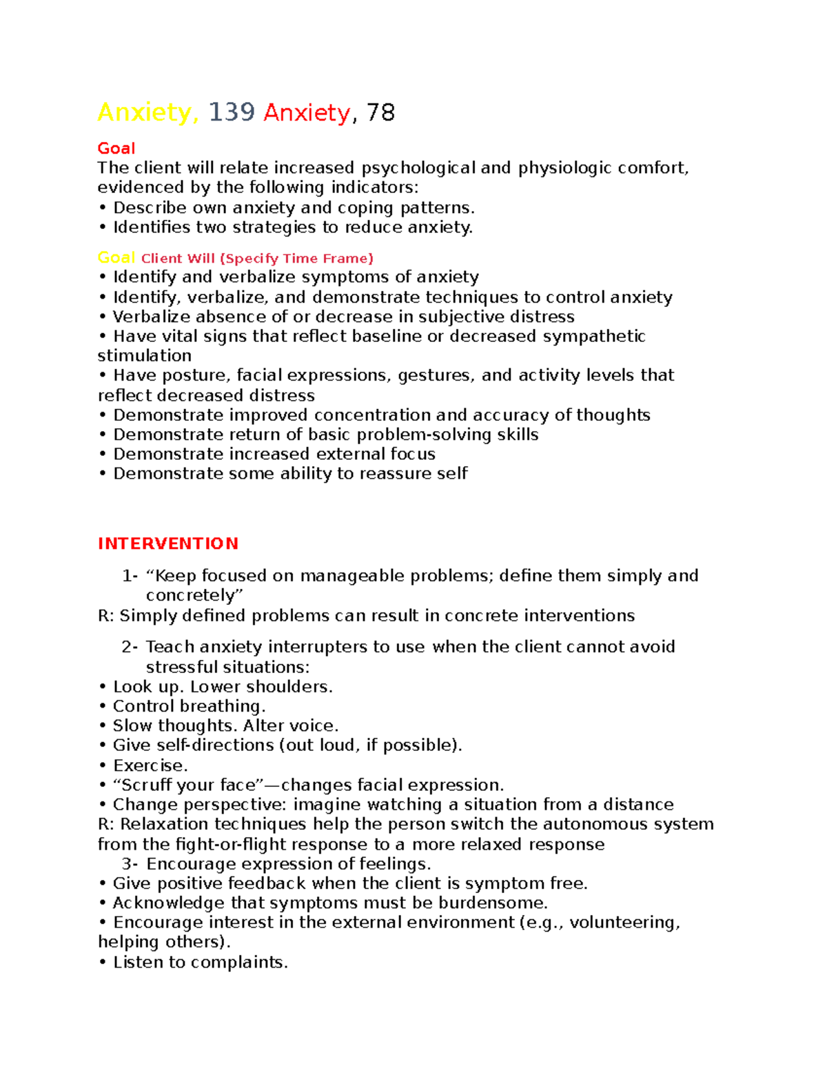 Anxiety - Identifies two strategies to reduce anxiety. Goal Client Will ...