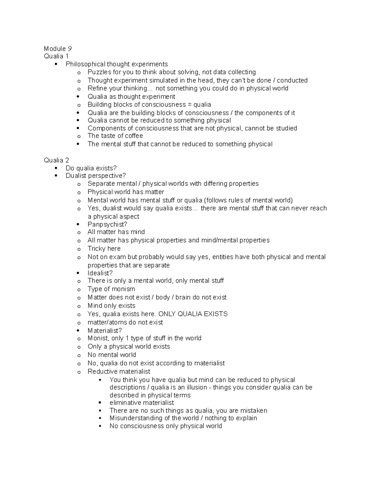 Module 9 workings of the mind - Module 9 Qualia 1 Philosophical thought ...