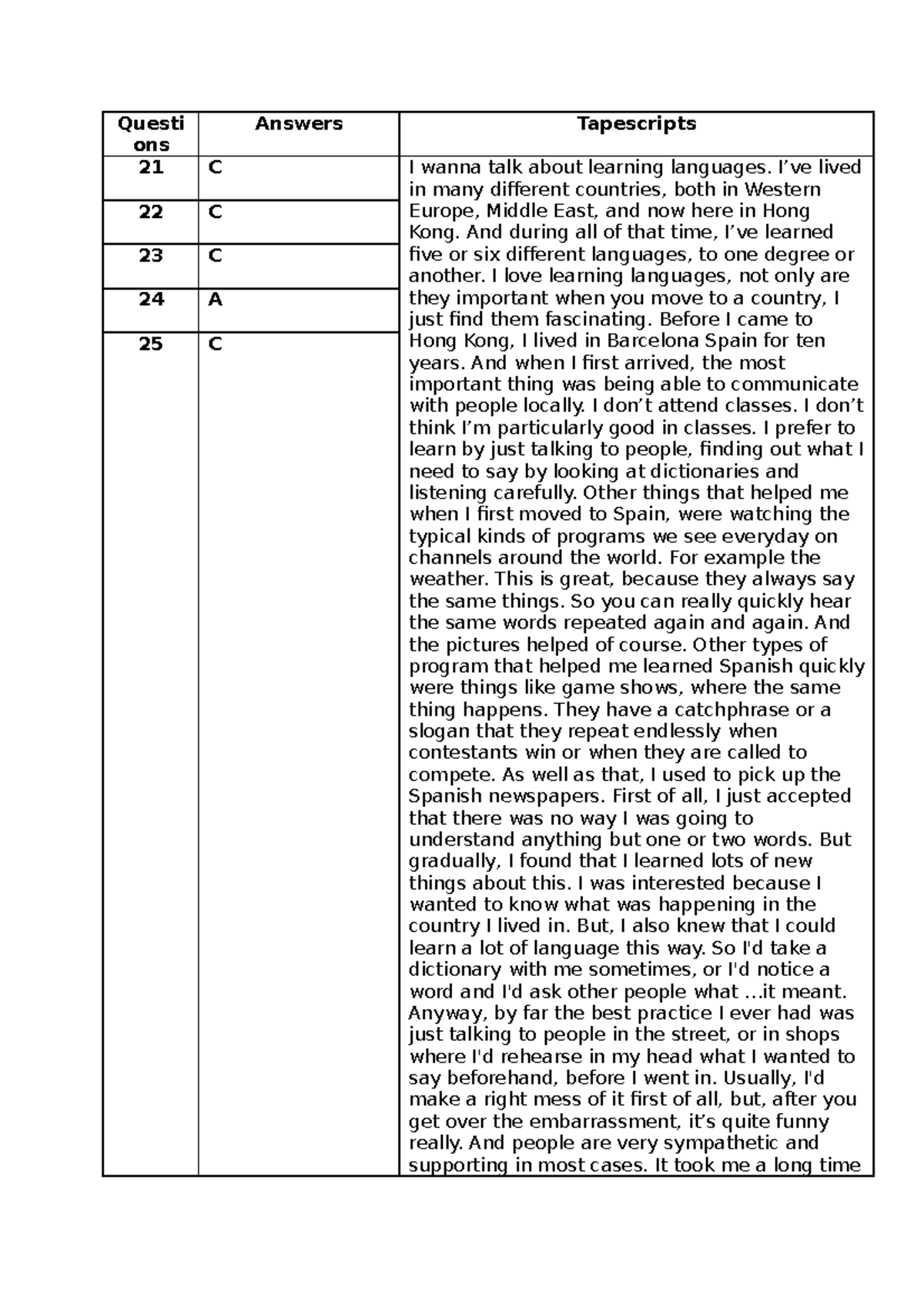 Keys and tapescript for part 1 - Questi ons Answers Tapescripts 21 C I ...