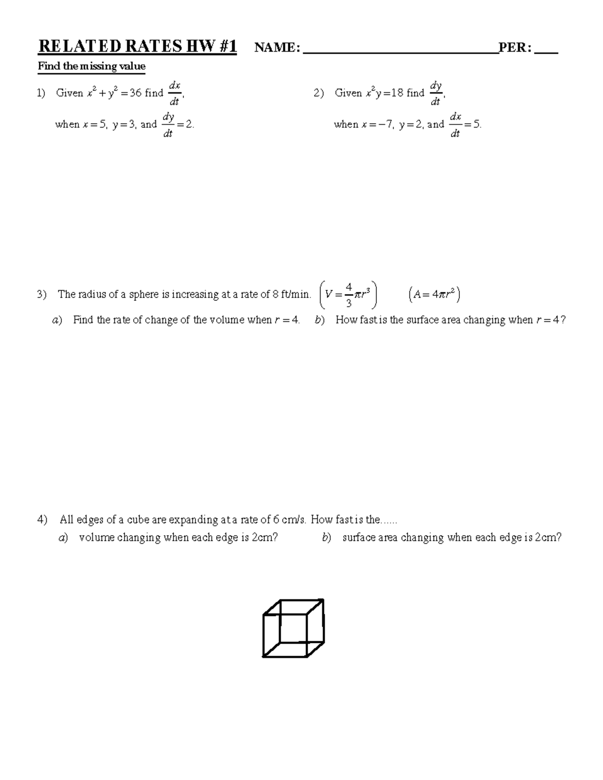 CH.2 HW Related Rates - RELATED RATES HW #1 NAME : PER : Find the ...