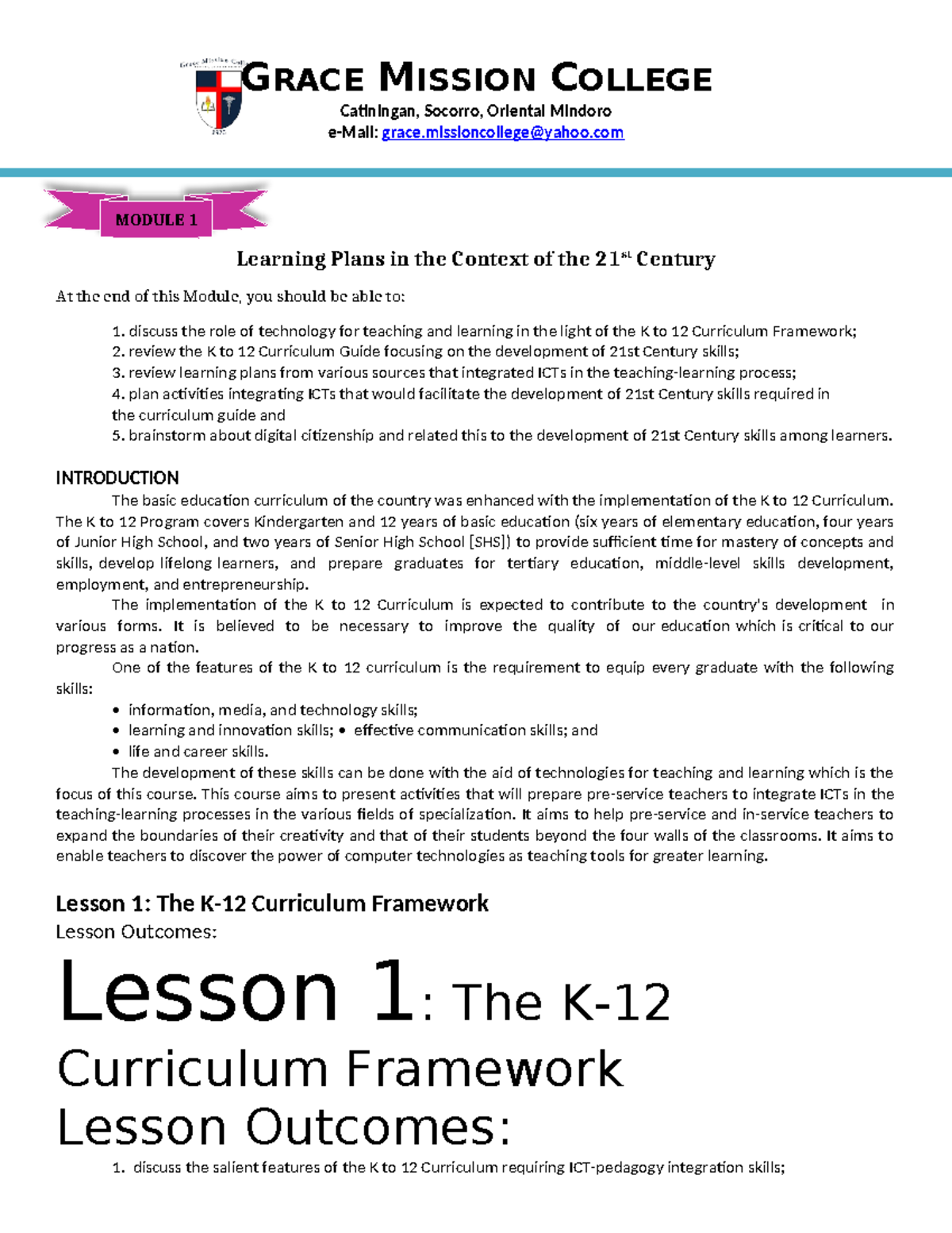 Module 1 lesson 1 learning plans in the context of the 21st century ...