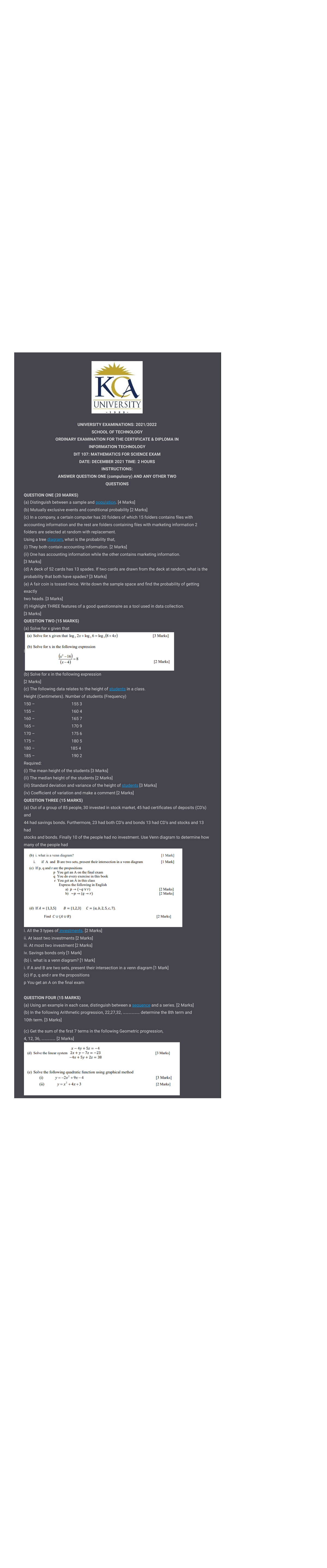 DIT 107 Maths FOR Science KCA Past Paper KNEC Study Materials, Revision ...